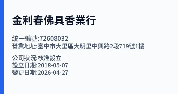 金利春佛具香業行的照片-統編 72608032(臺中市) 公司登記資料與營業項目詳細圖表
