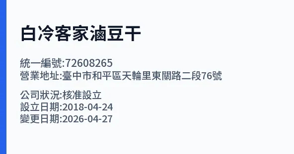 白冷客家滷豆干的照片-統編 72608265(臺中市) 公司登記資料與營業項目詳細圖表