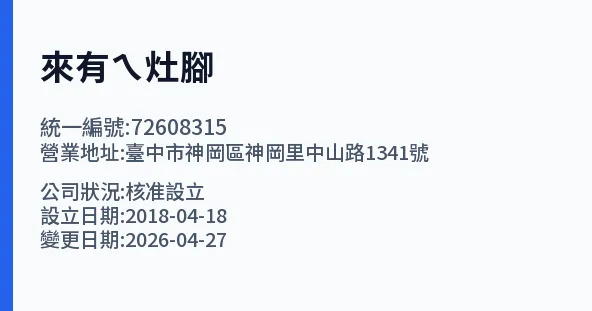 來有ㄟ灶腳的照片-統編 72608315(臺中市) 公司登記資料與營業項目詳細圖表