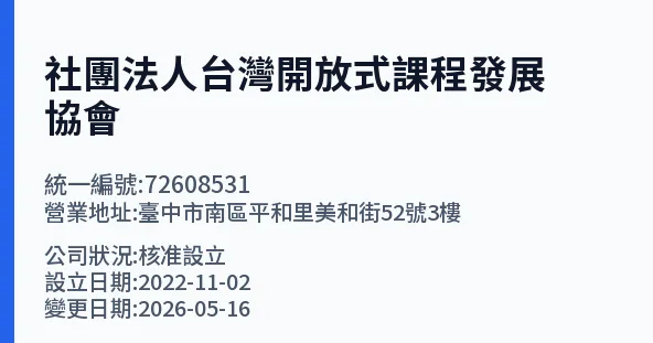 社團法人台灣開放式課程發展協會的照片-統編 72608531(臺中市) 公司登記資料與營業項目詳細圖表