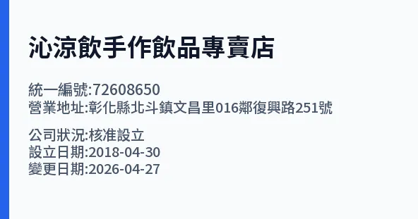 沁涼飲手作飲品專賣店的照片-統編 72608650(彰化縣) 公司登記資料與營業項目詳細圖表