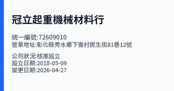冠立起重機械材料行的照片-統編 72609010(彰化縣) 公司登記資料與營業項目詳細圖表