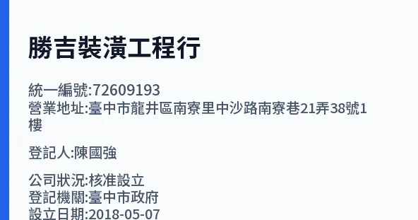 勝吉裝潢工程行的照片-統編 72609193(臺中市) 公司登記資料與營業項目詳細圖表