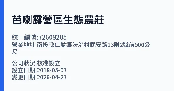 芭喇露營區生態農莊的照片-統編 72609285(南投縣) 公司登記資料與營業項目詳細圖表