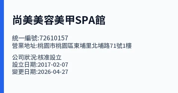 尚美美容美甲SPA館的照片-統編 72610157(桃園市) 公司登記資料與營業項目詳細圖表