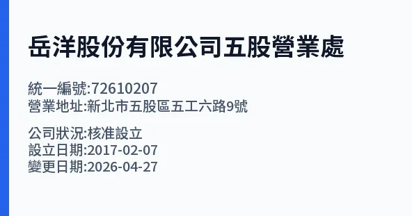 岳洋股份有限公司五股營業處的照片-統編 72610207(新北市) 公司登記資料與營業項目詳細圖表