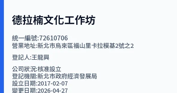 德拉楠文化工作坊的照片-統編 72610706(新北市) 公司登記資料與營業項目詳細圖表