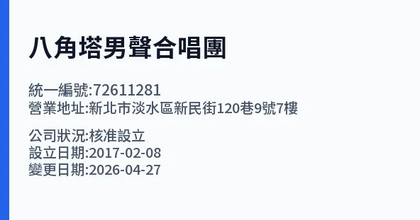 八角塔男聲合唱團的照片-統編 72611281(新北市) 公司登記資料與營業項目詳細圖表