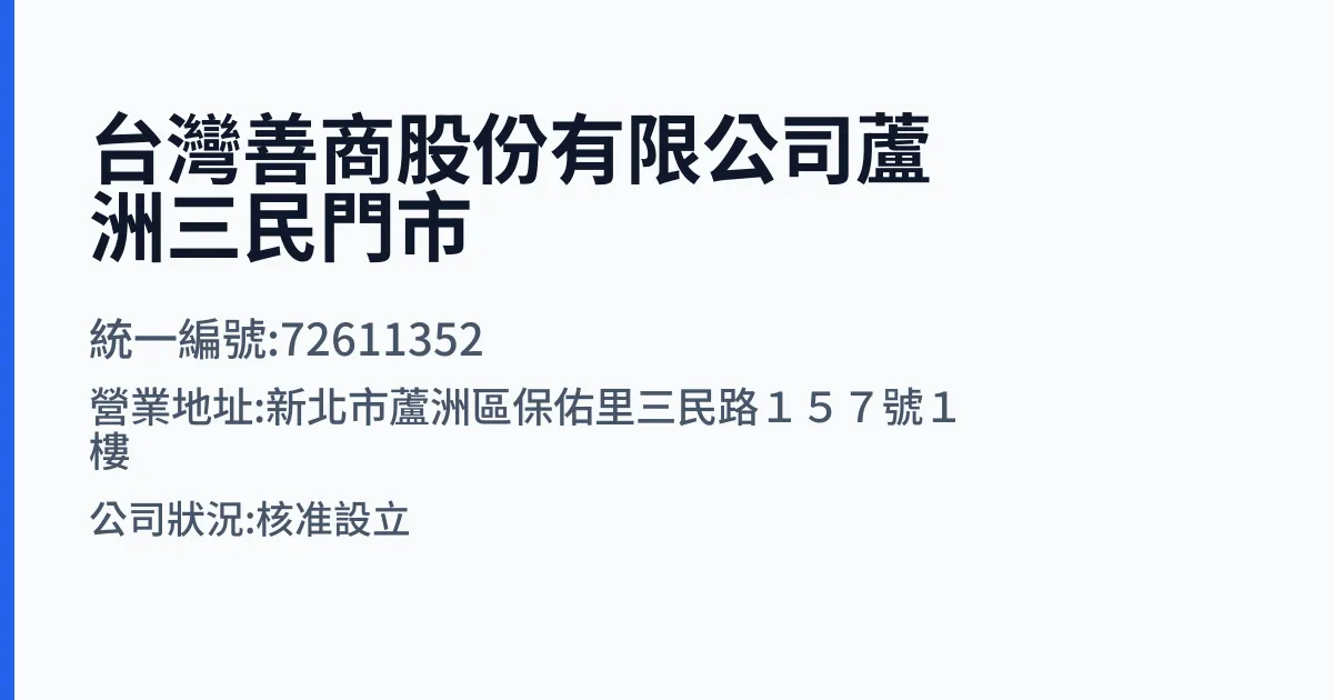 台灣善商股份有限公司蘆洲三民門市 - 統編 72611352(新北市) 公司登記資料與營業項目詳細圖表
