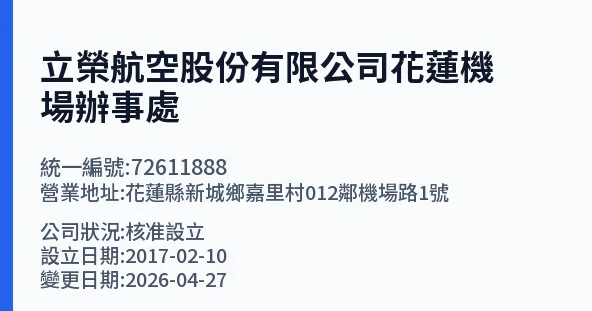 立榮航空股份有限公司花蓮機場辦事處的照片-統編 72611888(花蓮縣) 公司登記資料與營業項目詳細圖表