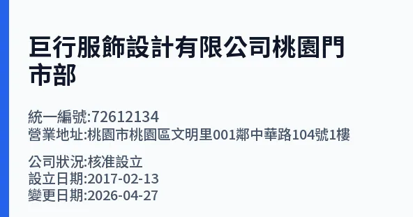 巨行服飾設計有限公司桃園門市部的照片-統編 72612134(桃園市) 公司登記資料與營業項目詳細圖表
