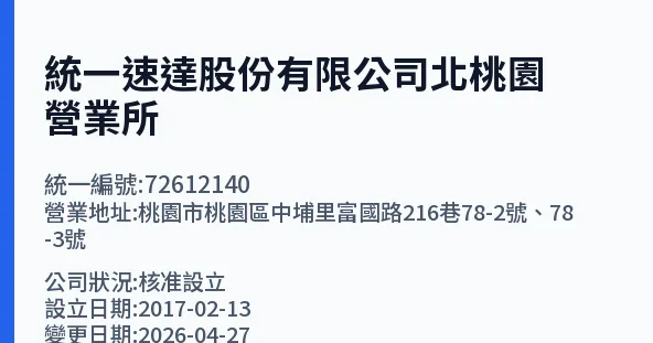 統一速達股份有限公司北桃園營業所的照片-統編 72612140(桃園市) 公司登記資料與營業項目詳細圖表