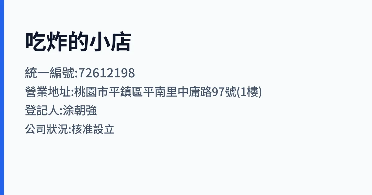 吃炸的小店 - 統編 72612198(桃園市) 公司登記資料與營業項目詳細圖表
