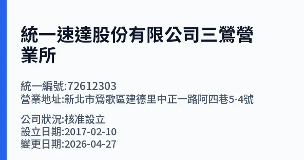 統一速達股份有限公司三鶯營業所的照片-統編 72612303(新北市) 公司登記資料與營業項目詳細圖表