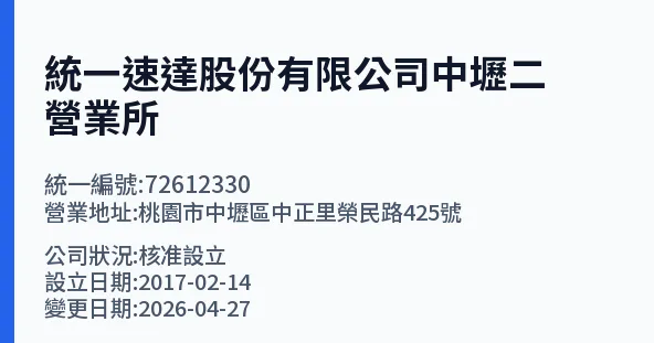 統一速達股份有限公司中壢二營業所的照片-統編 72612330(桃園市) 公司登記資料與營業項目詳細圖表