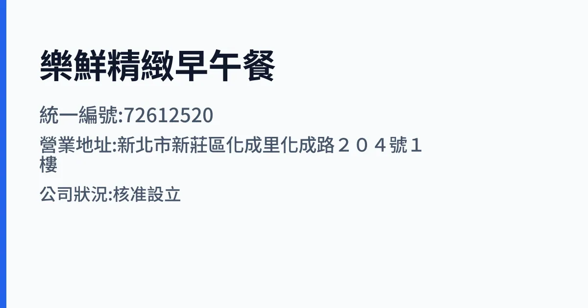 樂鮮精緻早午餐 - 統編 72612520(新北市) 公司登記資料與營業項目詳細圖表
