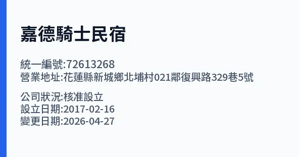 嘉德騎士民宿的照片-統編 72613268(花蓮縣) 公司登記資料與營業項目詳細圖表