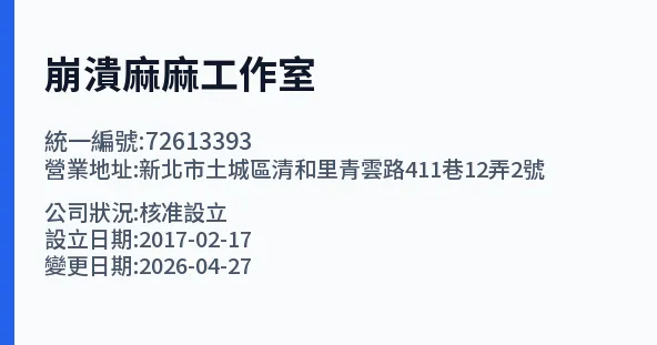 崩潰麻麻工作室的照片-統編 72613393(新北市) 公司登記資料與營業項目詳細圖表