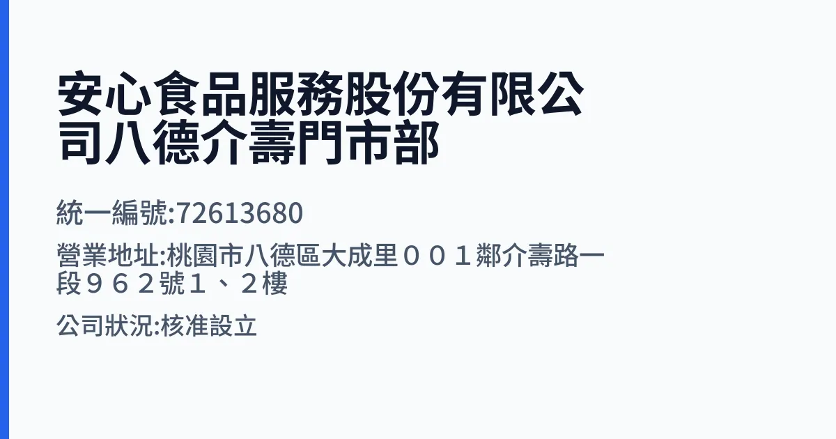 安心食品服務股份有限公司八德介壽門市部 - 統編 72613680(桃園市) 公司登記資料與營業項目詳細圖表