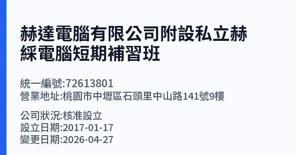 赫達電腦有限公司附設私立赫綵電腦短期補習班的照片-統編 72613801(桃園市) 公司登記資料與營業項目詳細圖表