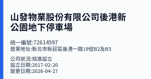 山發物業股份有限公司後港新公園地下停車場的照片-統編 72614597(新北市) 公司登記資料與營業項目詳細圖表