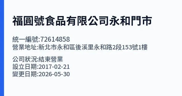 福圓號食品有限公司永和門市的照片-統編 72614858(新北市) 公司登記資料與營業項目詳細圖表