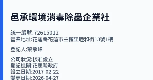 邑承環境消毒除蟲企業社的照片-統編 72615012(花蓮縣) 公司登記資料與營業項目詳細圖表