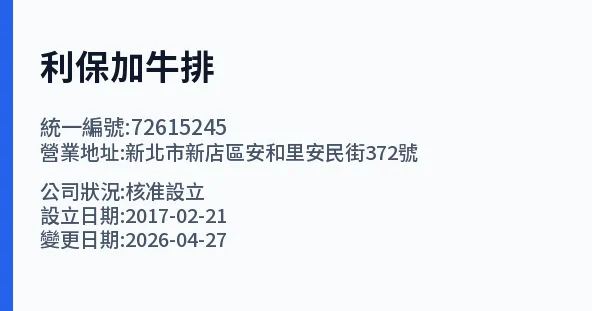 利保加牛排的照片-統編 72615245(新北市) 公司登記資料與營業項目詳細圖表