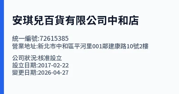 安琪兒百貨有限公司中和店的照片-統編 72615385(新北市) 公司登記資料與營業項目詳細圖表