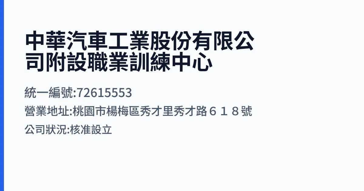 中華汽車工業股份有限公司附設職業訓練中心 - 統編 72615553(桃園市) 公司登記資料與營業項目詳細圖表