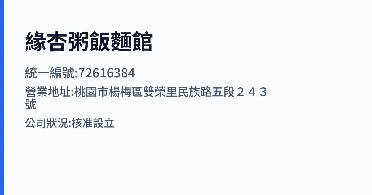 緣杏粥飯麵館 - 統編 72616384(桃園市) 公司登記資料與營業項目詳細圖表