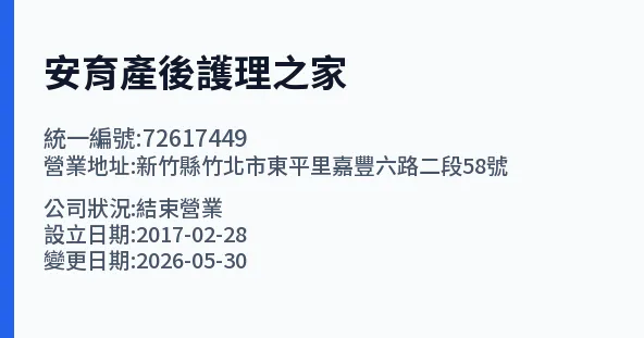 安育產後護理之家的照片-統編 72617449(新竹縣) 公司登記資料與營業項目詳細圖表
