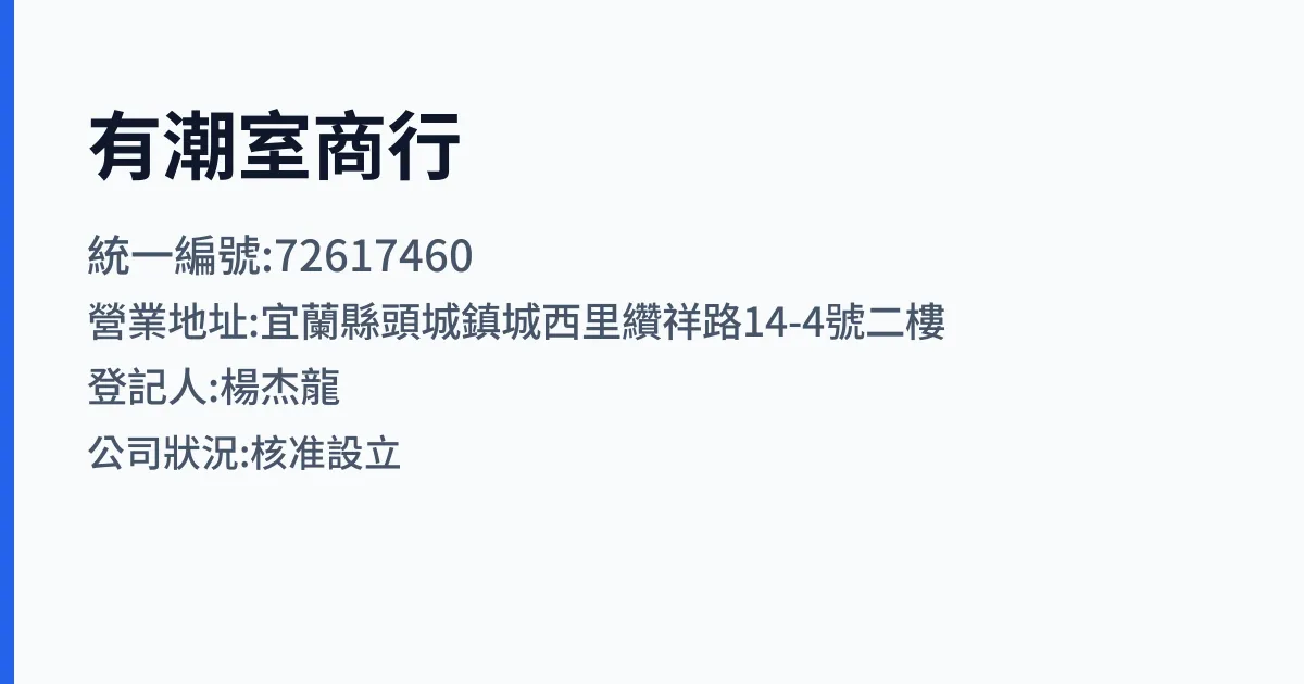 有潮室商行 - 統編 72617460（宜蘭縣） 公司登記資料與營業項目詳細圖表