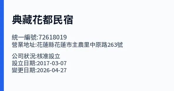 典藏花都民宿的照片-統編 72618019(花蓮縣) 公司登記資料與營業項目詳細圖表