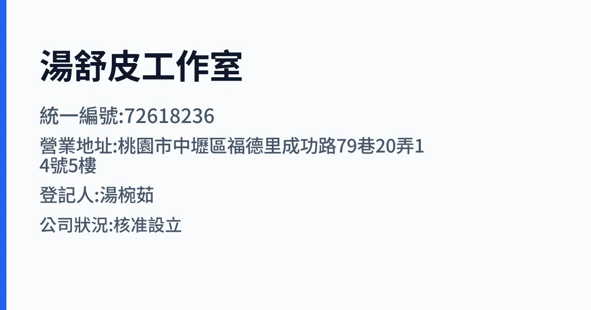 湯舒皮工作室 - 統編 72618236(桃園市) 公司登記資料與營業項目詳細圖表