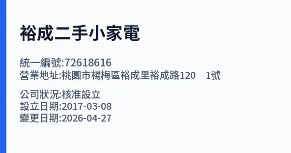 裕成二手小家電的照片-統編 72618616(桃園市) 公司登記資料與營業項目詳細圖表