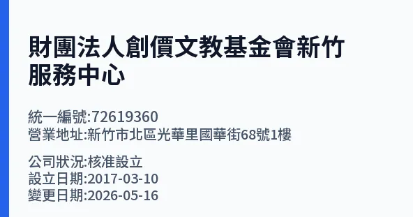 財團法人創價文教基金會新竹服務中心的照片-統編 72619360(新竹市) 公司登記資料與營業項目詳細圖表