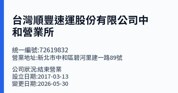 台灣順豐速運股份有限公司中和營業所的照片-統編 72619832(新北市) 公司登記資料與營業項目詳細圖表
