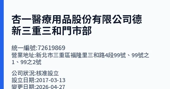杏一醫療用品股份有限公司德新三重三和門市部的照片-統編 72619869(新北市) 公司登記資料與營業項目詳細圖表