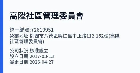 高陞社區管理委員會的照片-統編 72619951(桃園市) 公司登記資料與營業項目詳細圖表
