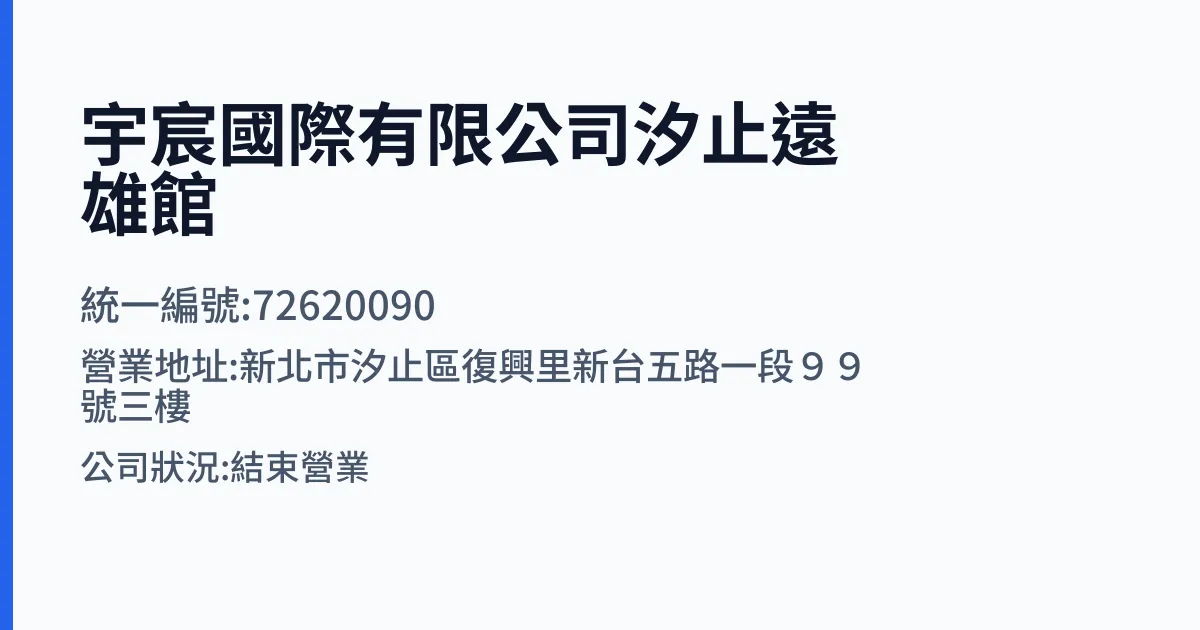 宇宸國際有限公司汐止遠雄館 - 統編 72620090(新北市) 公司登記資料與營業項目詳細圖表