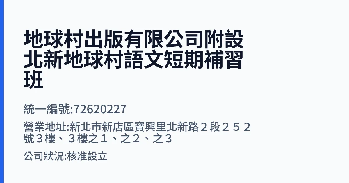 地球村出版有限公司附設北新地球村語文短期補習班 - 統編 72620227(新北市) 公司登記資料與營業項目詳細圖表