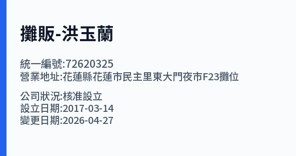 攤販-洪玉蘭的照片-統編 72620325(花蓮縣) 公司登記資料與營業項目詳細圖表