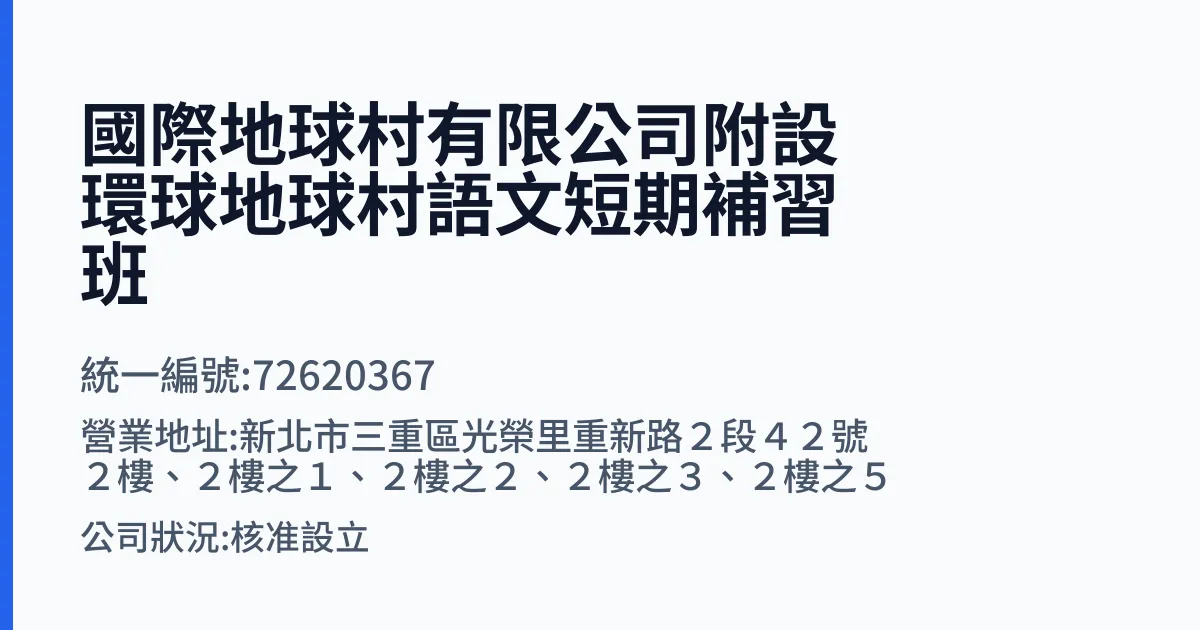 國際地球村有限公司附設環球地球村語文短期補習班 - 統編 72620367(新北市) 公司登記資料與營業項目詳細圖表