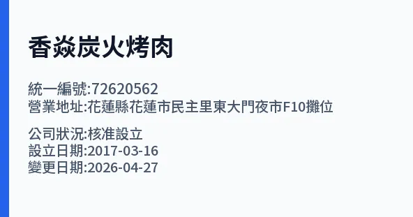 香焱炭火烤肉的照片-統編 72620562(花蓮縣) 公司登記資料與營業項目詳細圖表