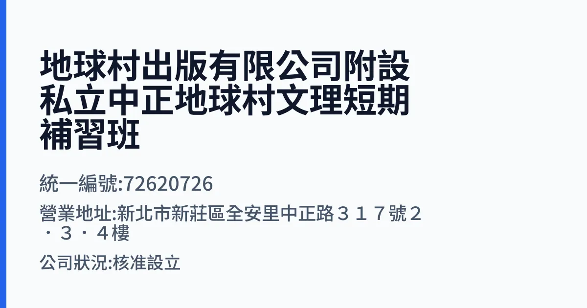 地球村出版有限公司附設私立中正地球村文理短期補習班 - 統編 72620726(新北市) 公司登記資料與營業項目詳細圖表