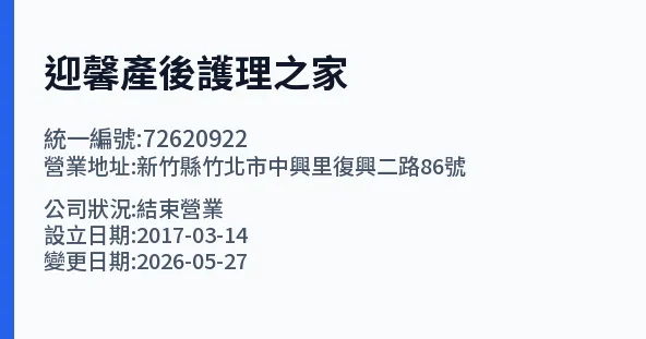 迎馨產後護理之家的照片-統編 72620922(新竹縣) 公司登記資料與營業項目詳細圖表