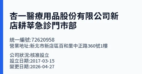 杏一醫療用品股份有限公司新店耕莘急診門市部的照片-統編 72620958(新北市) 公司登記資料與營業項目詳細圖表
