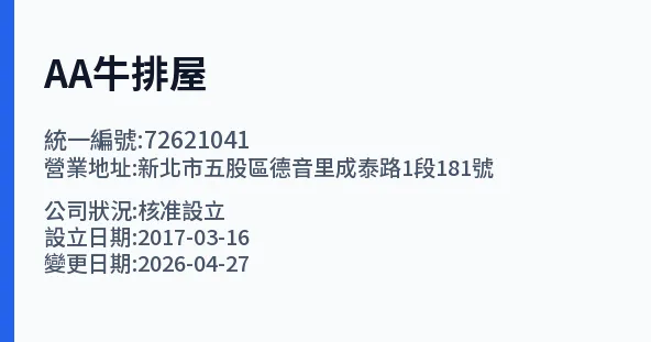 AA牛排屋的照片-統編 72621041(新北市) 公司登記資料與營業項目詳細圖表