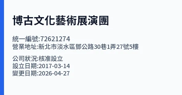 博古文化藝術展演團的照片-統編 72621274(新北市) 公司登記資料與營業項目詳細圖表